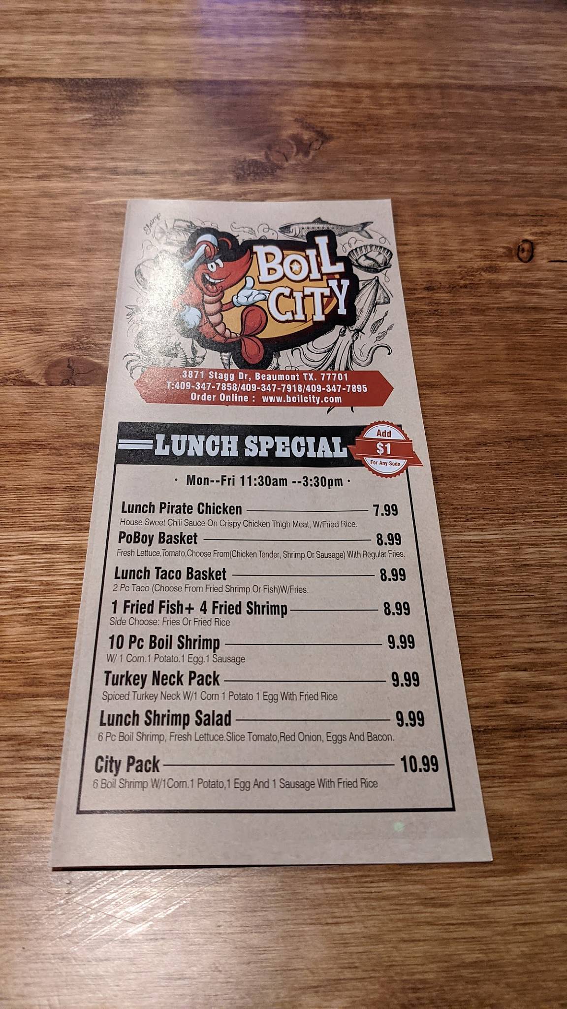 Menu at Boil City restaurant, Beaumont