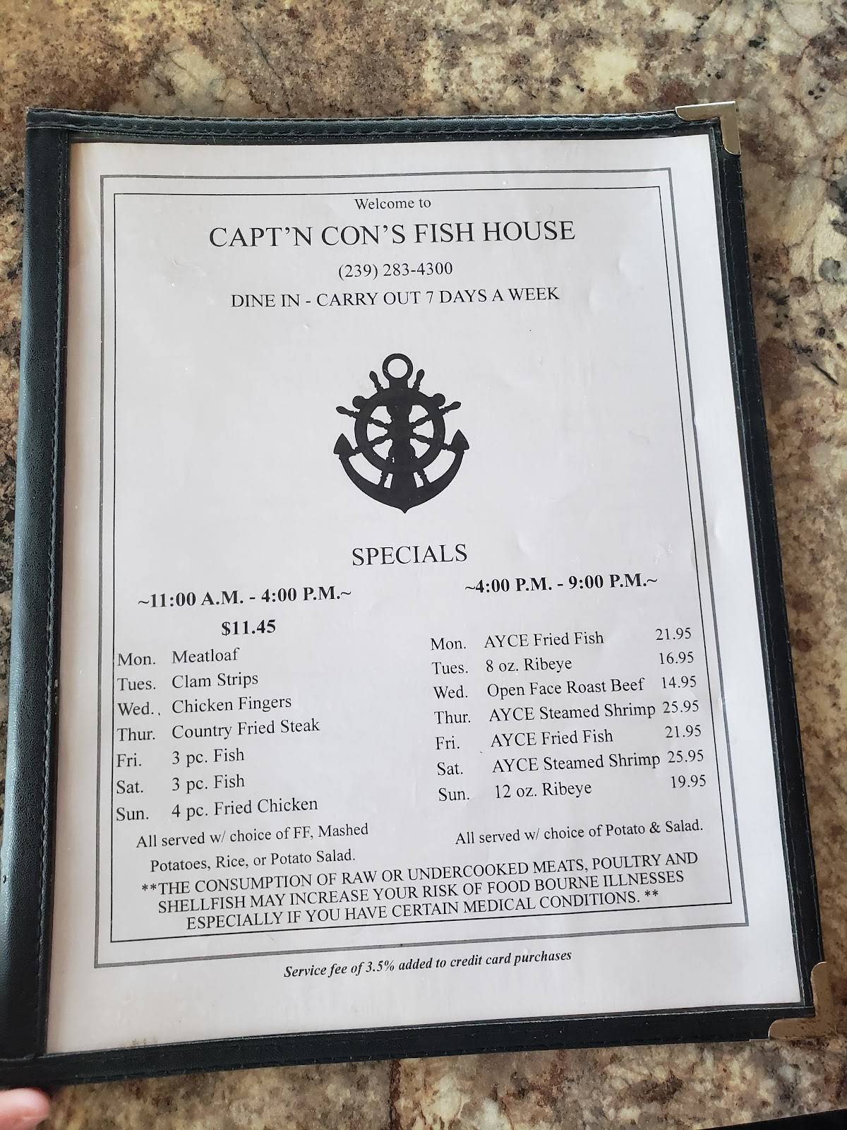 Menu at Capt'n Con's Fish House restaurant, Bokeelia