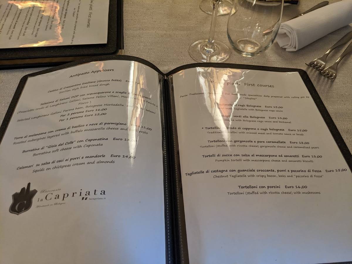 Menu at La Capriata restaurant, Bologna