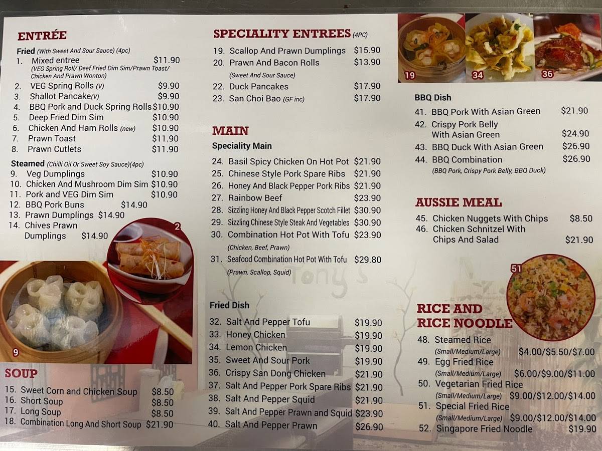Menu at Chef Tony's Modern Chinese Restaurant, Bomaderry