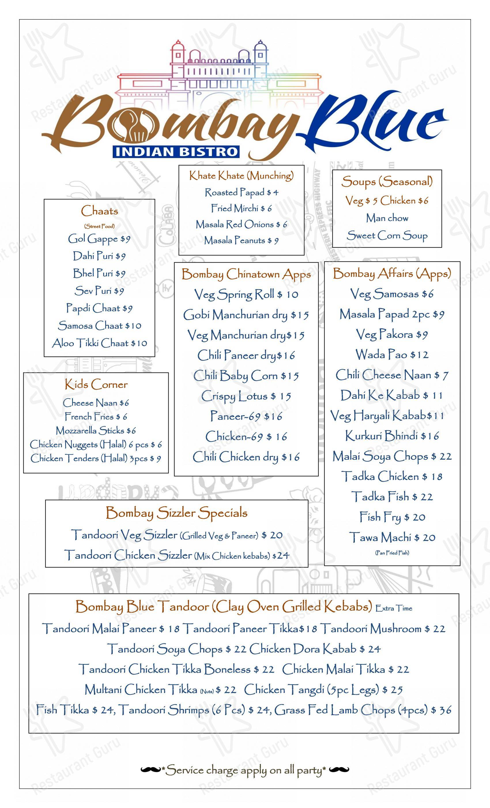 Menu at Bombay Blue Indian Bistro restaurant, Edison