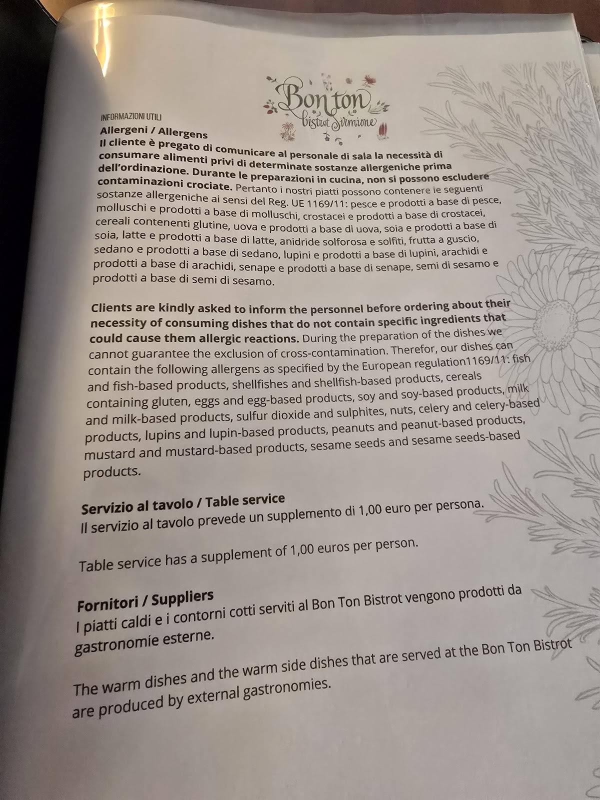 Menu at Bon Ton Bistrot pub & bar, Sirmione