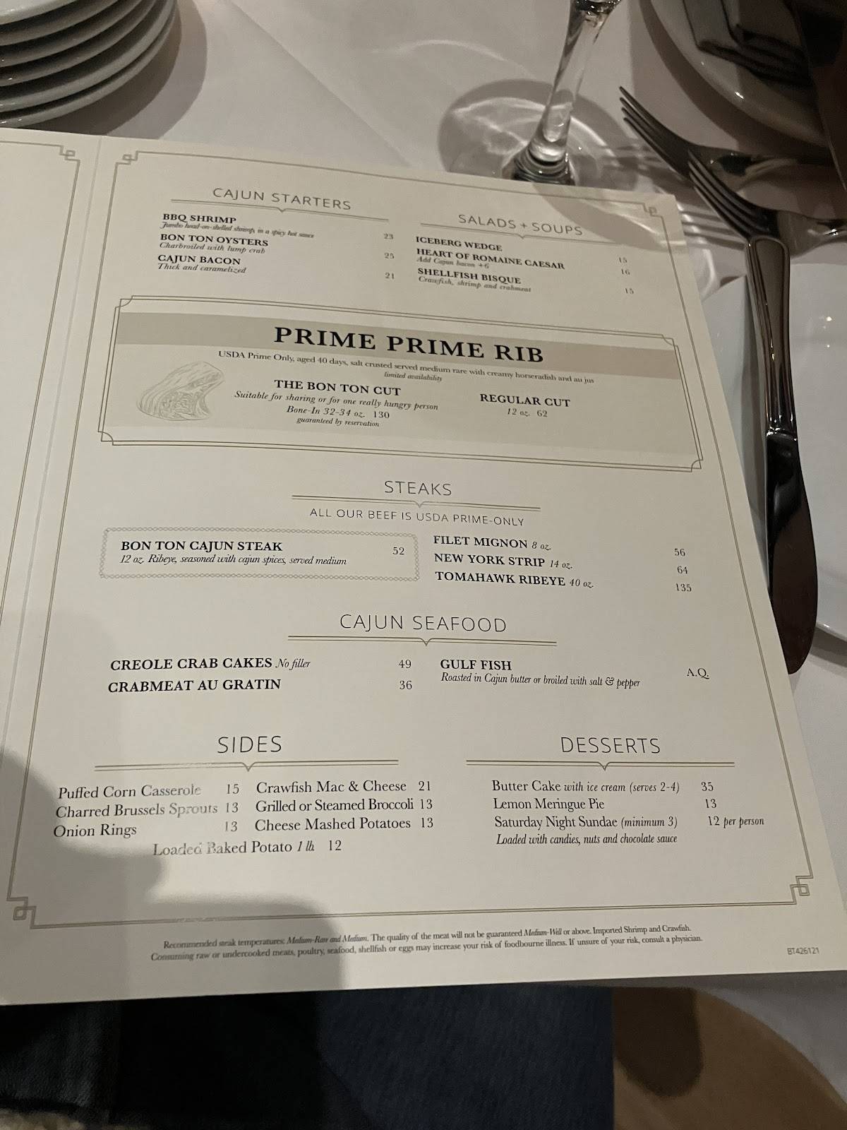 Menu at Bon Ton Café restaurant, New Orleans