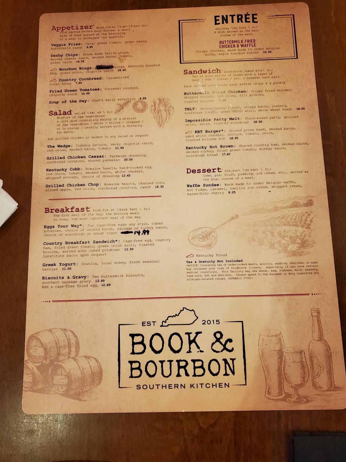Menu at Book & Bourbon Southern Kitchen - Louisville Airport restaurant ...