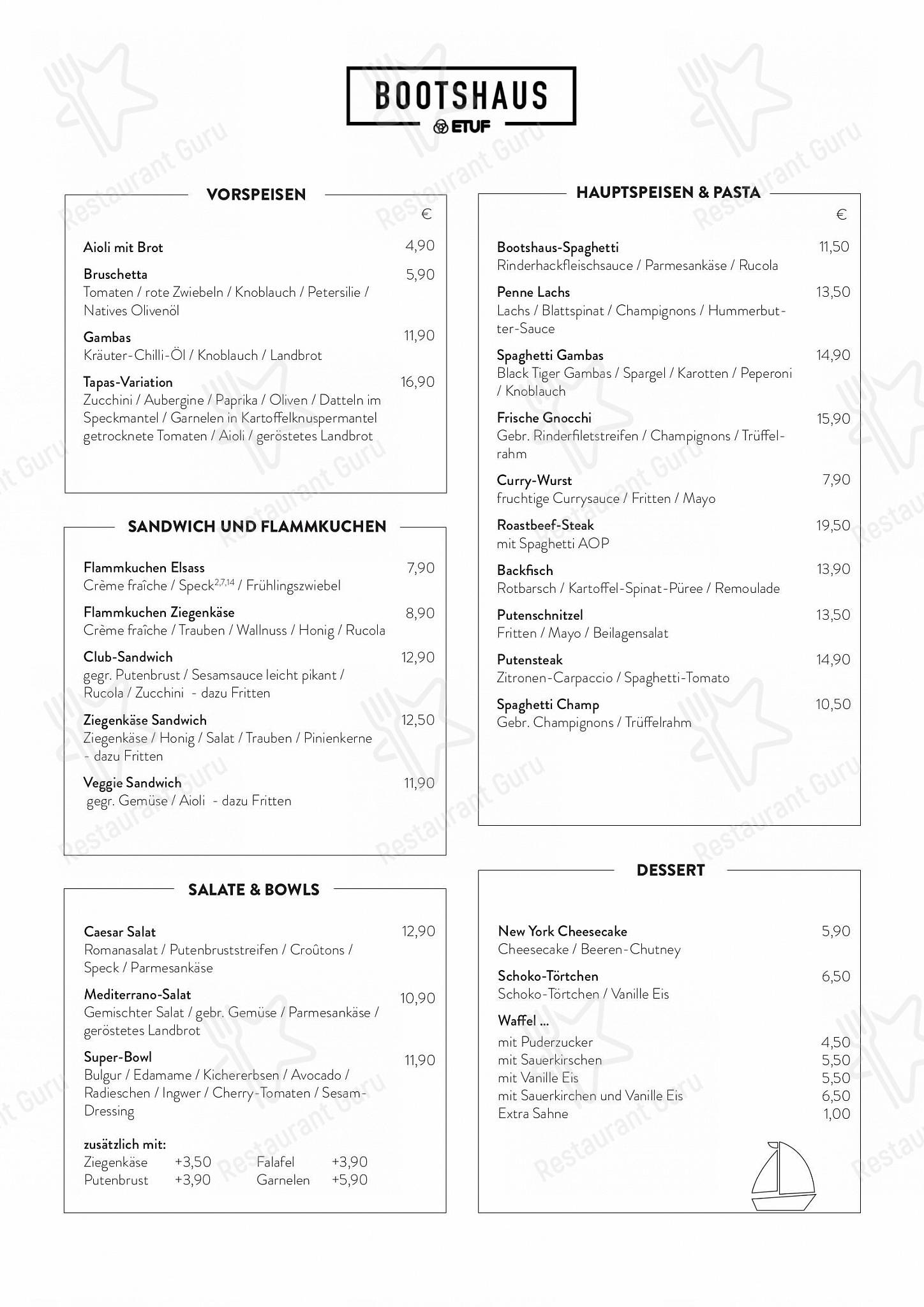 Speisekarte von Bootshaus im ETUF restaurant, Essen