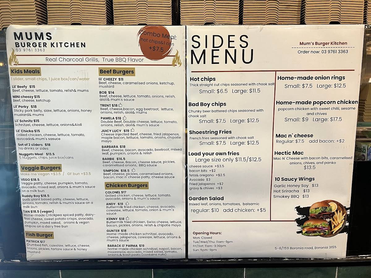 Menu at Mum's Burger Kitchen restaurant, Boronia