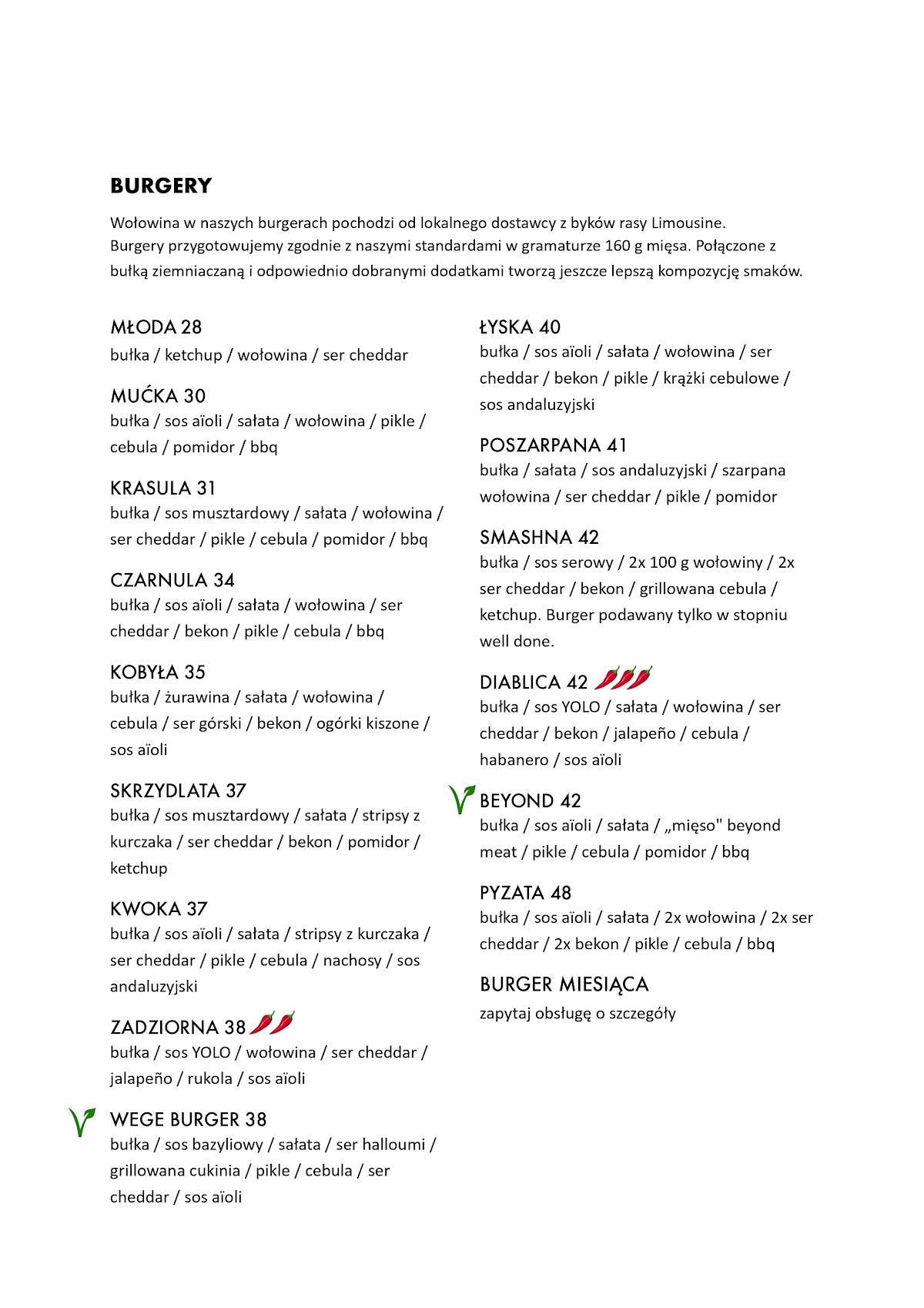 Menu at Boska Krowa restaurant, Tarczyn