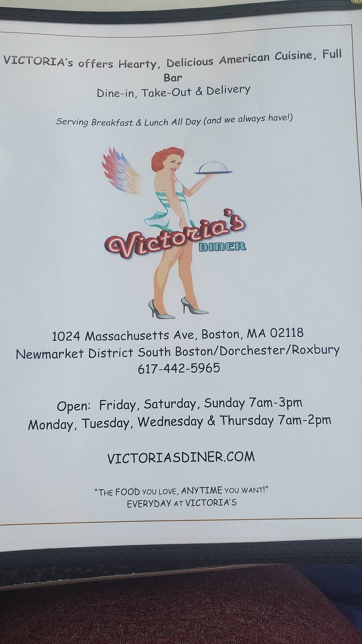 Menu at Victoria's Diner restaurant, Boston