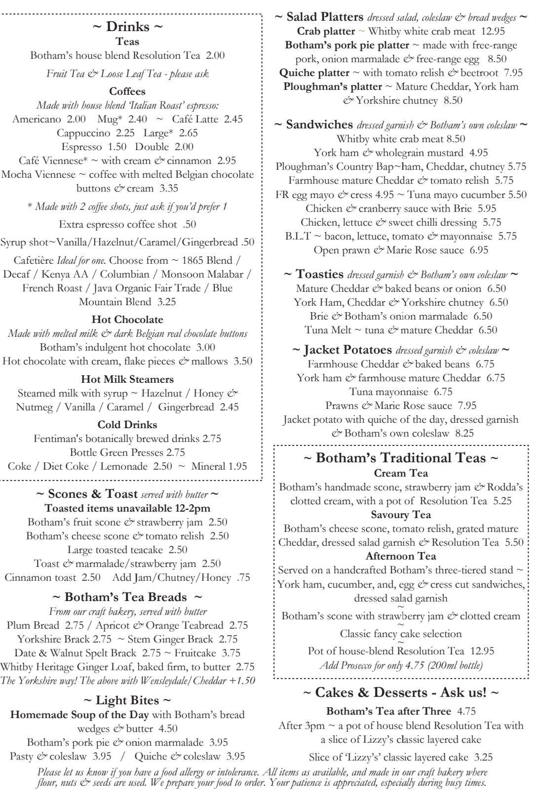 Menu at Botham's of Whitby cafe, Pickering