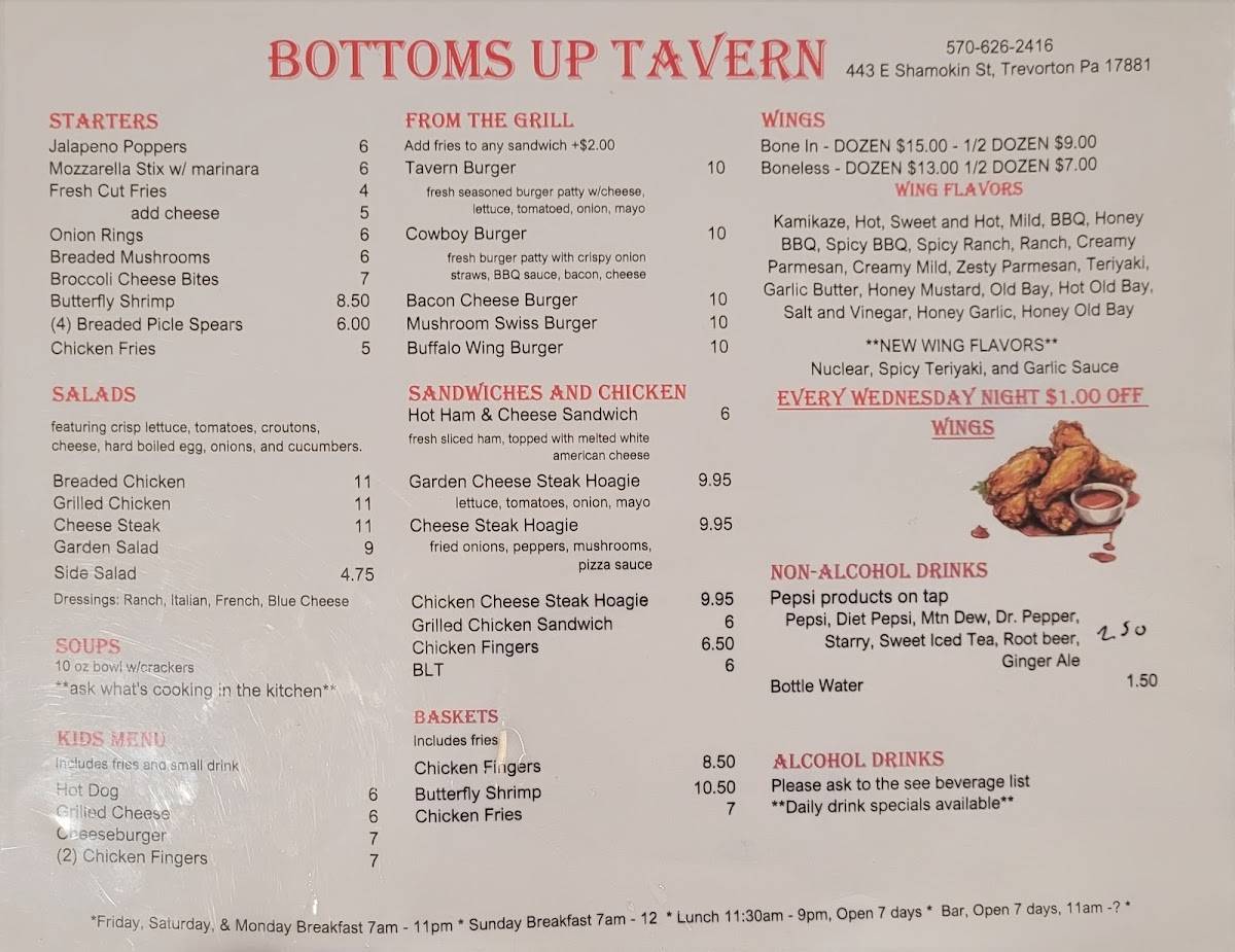 Menu at Bottoms Up pub & bar, Trevorton