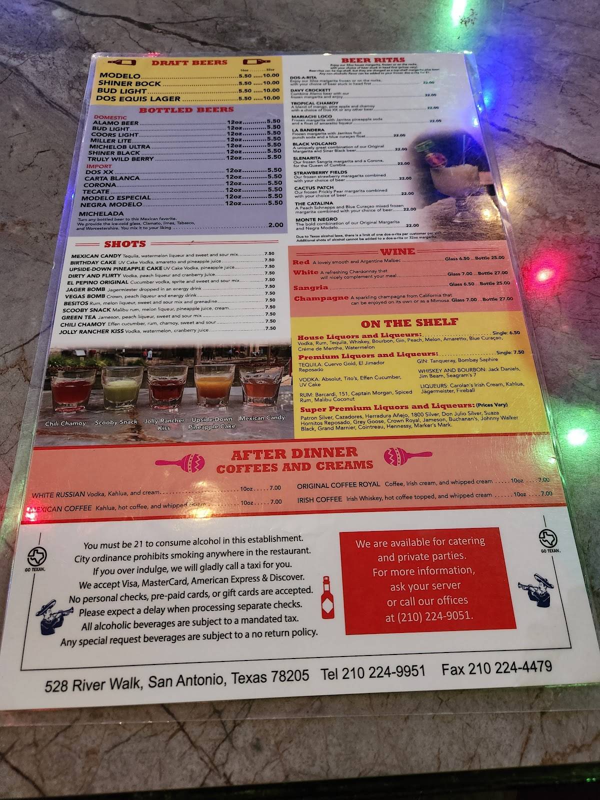 Menu at Boudro's on the Riverwalk steakhouse, San Antonio