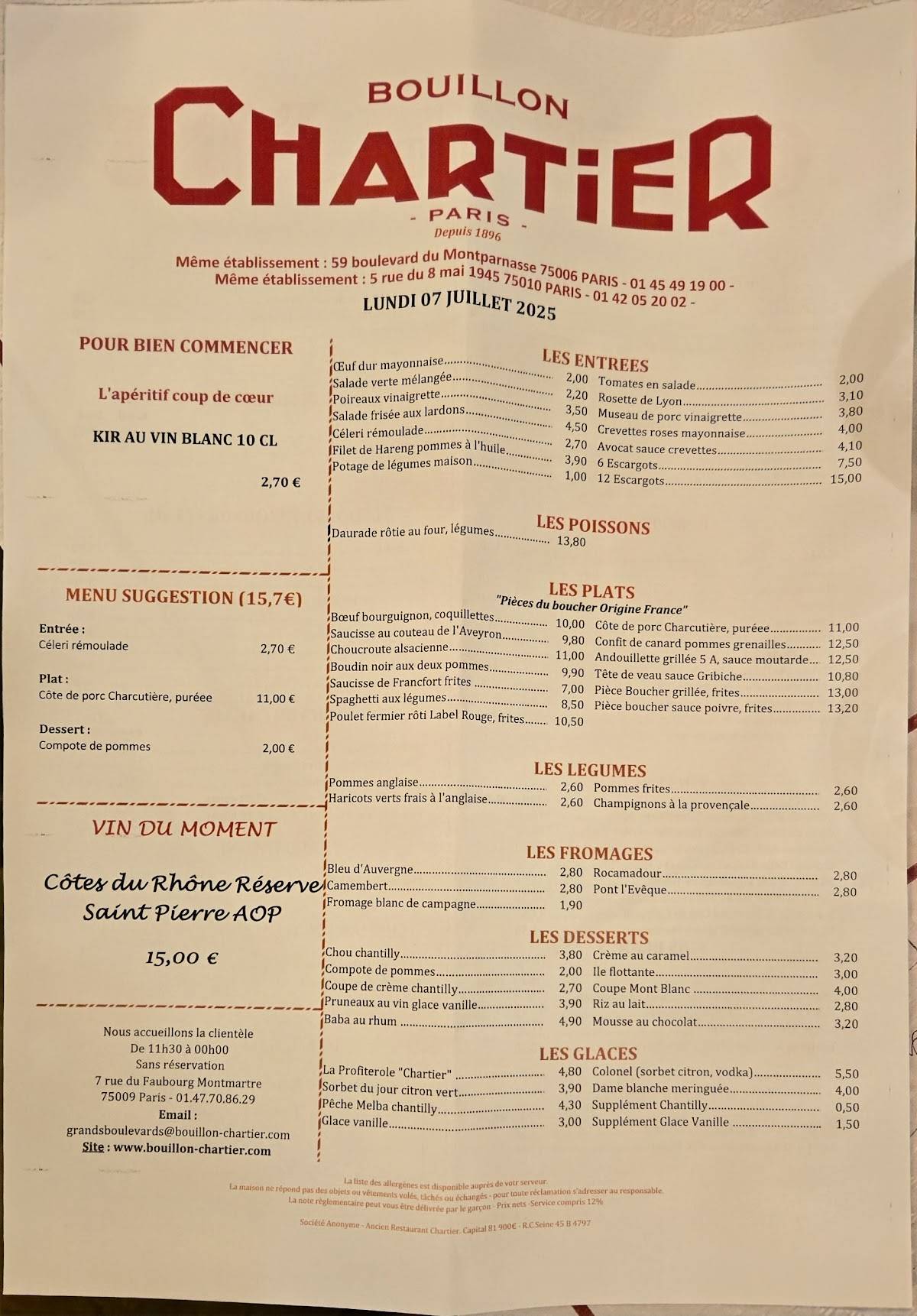 Menu au Bouillon Chartier Grands Boulevards restaurant, Paris, 7 Rue du ...