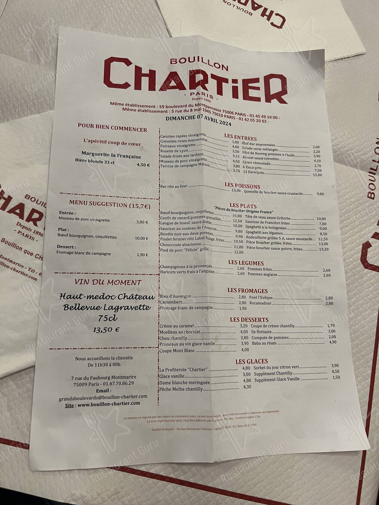 Menu au Bouillon Chartier Grands Boulevards restaurant, Paris, 7 Rue du ...
