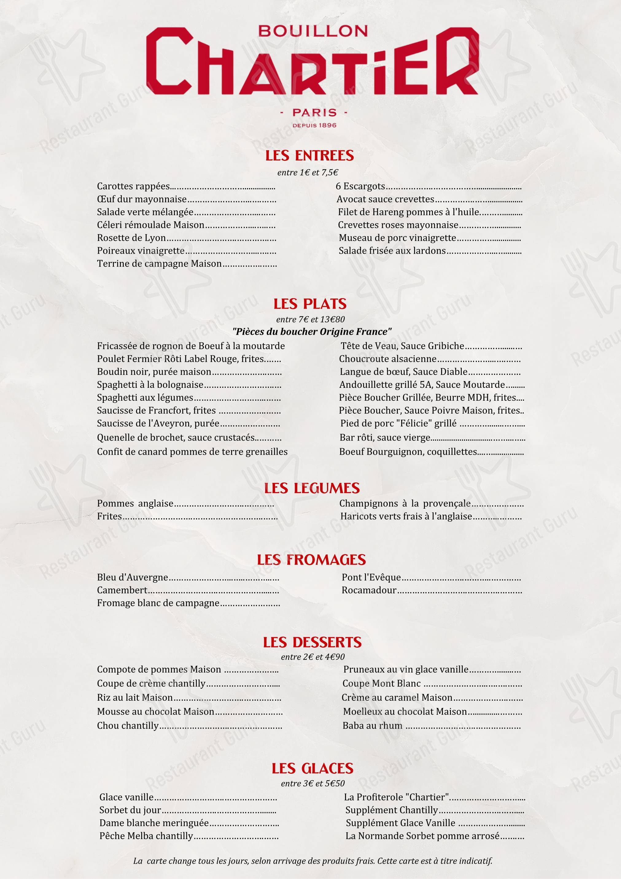 Menu au Bouillon Chartier Grands Boulevards restaurant, Paris, 7 Rue du ...