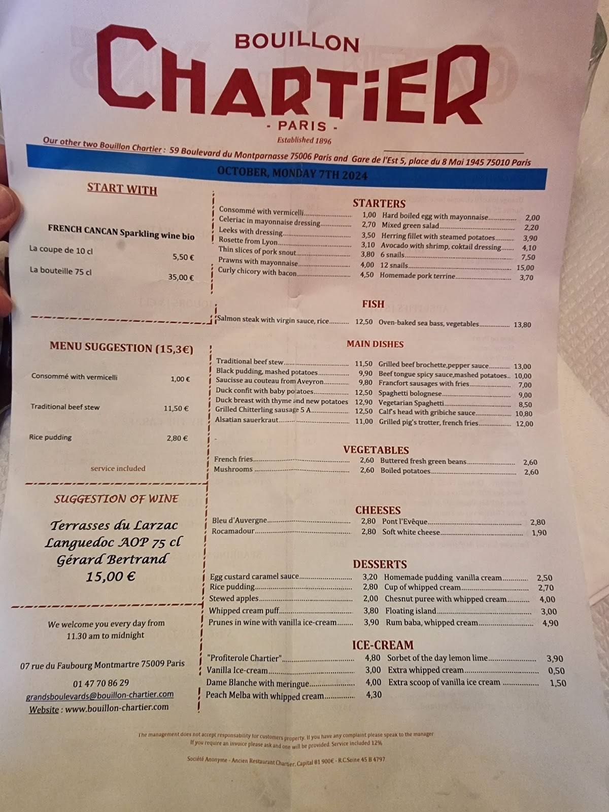 Menu au Bouillon Chartier Grands Boulevards restaurant, Paris, 7 Rue du ...