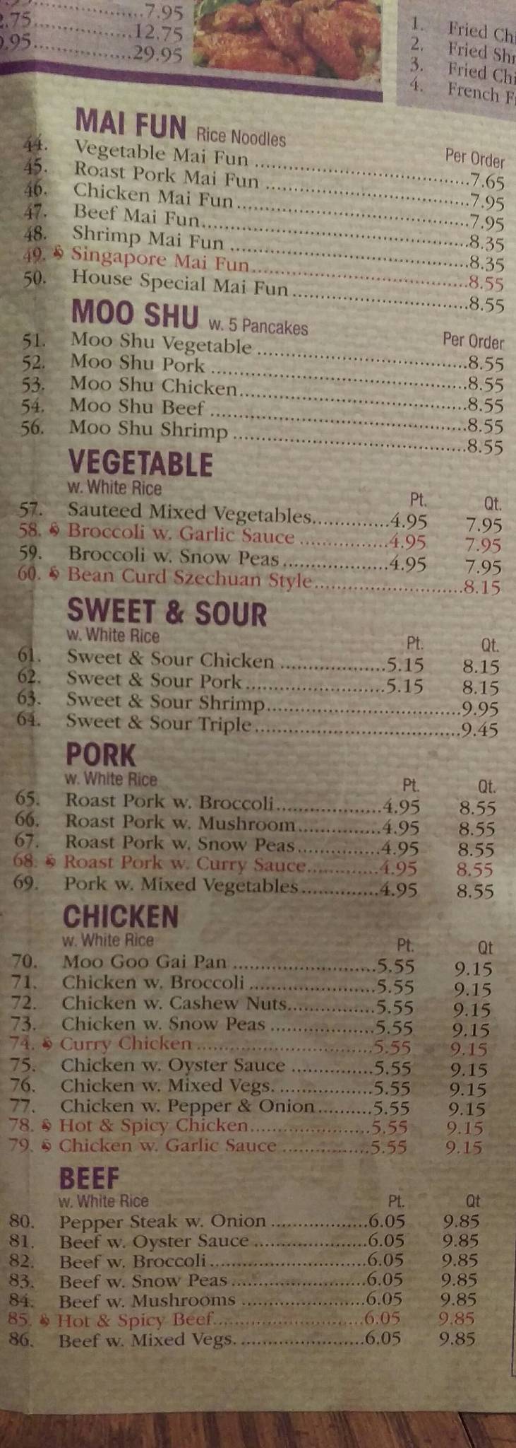 Menu at Beijing restaurant, Luling