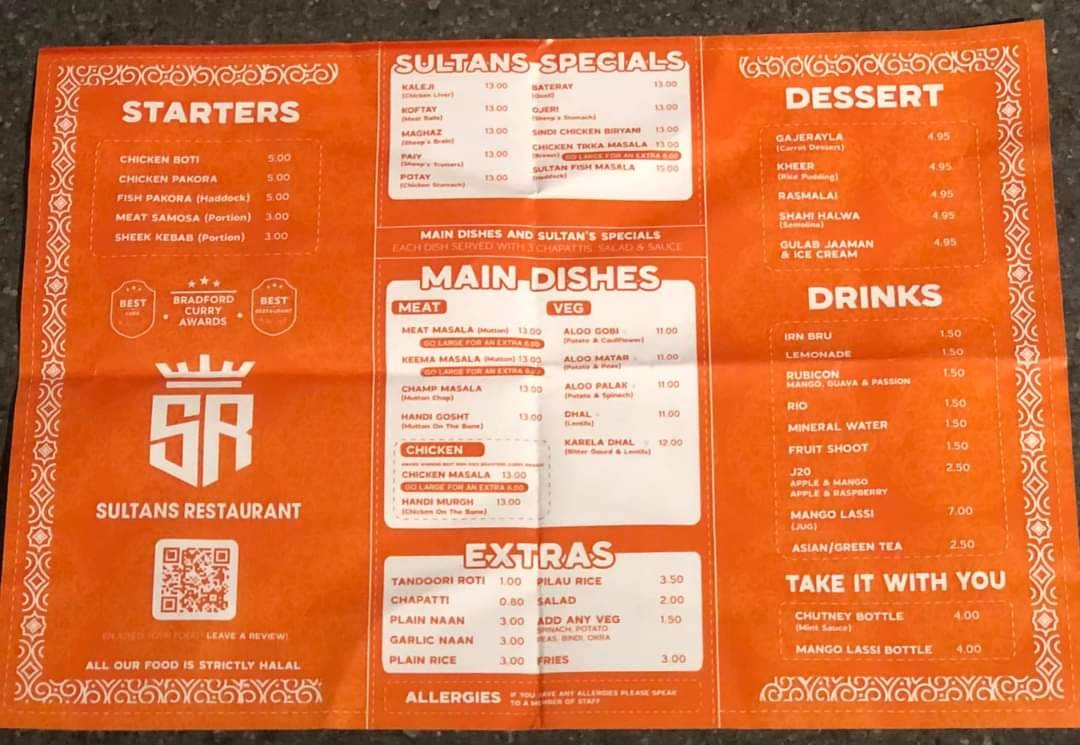Menu at Sultans Restaurant, Bradford