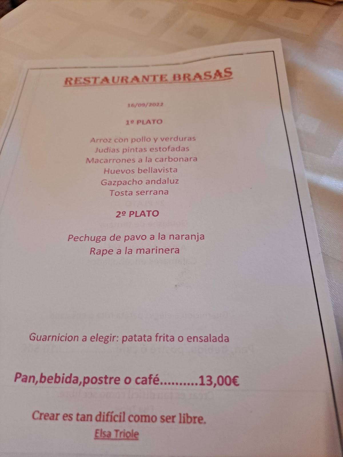 Menu at Brasas restaurant, Madrid, C. de la Resina