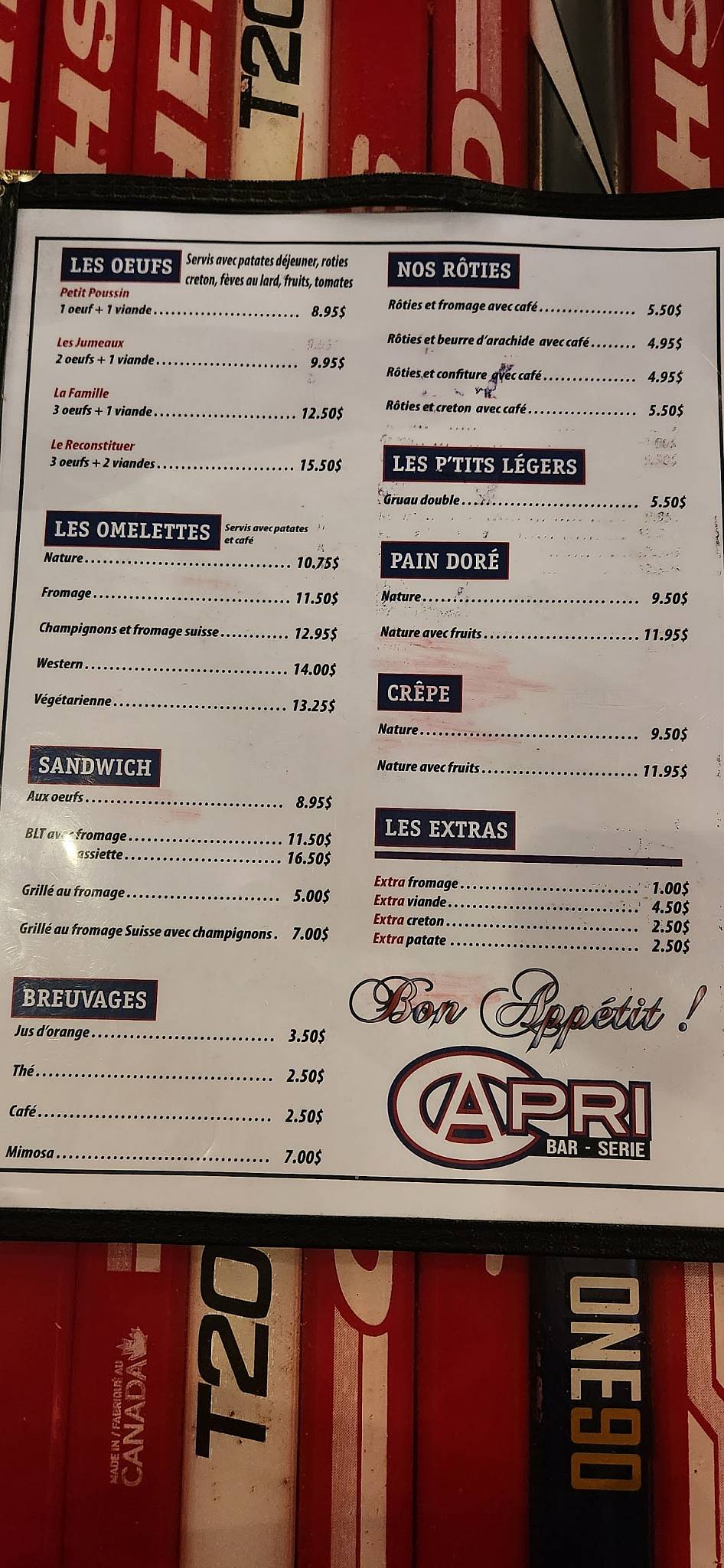 Menu at Brasserie Capri pub & bar, Montréal, Wellington St