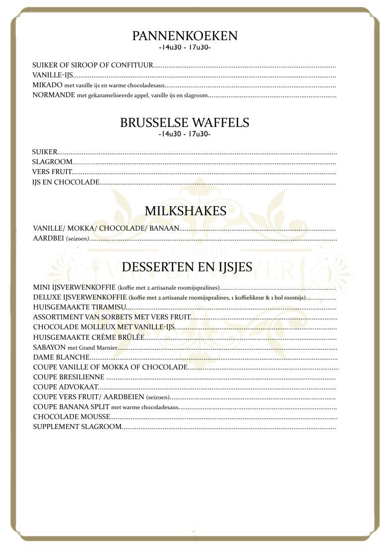 Menu at Brasserie Van de Weyer restaurant, Leuven