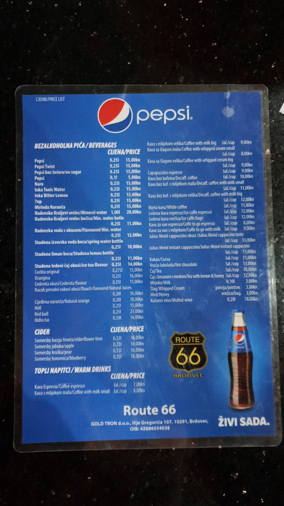 Menu at Route 66 pub & bar, Brdovec