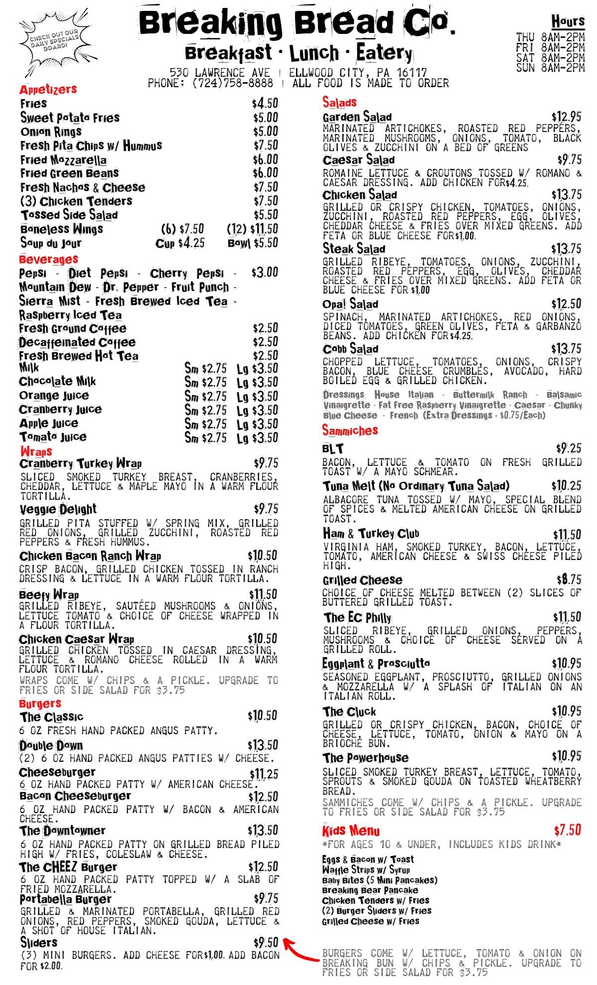 Menu at Breaking Bread Co. restaurant, Ellwood City