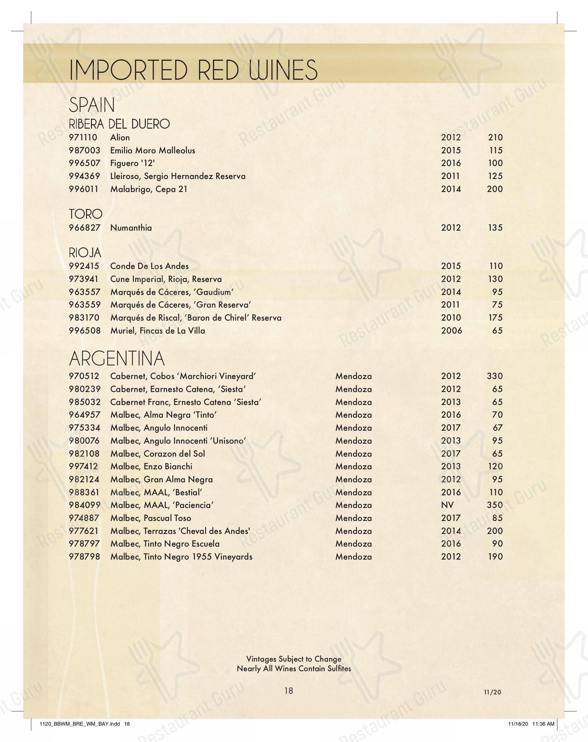 Menu at Brenner's Steakhouse, San Antonio