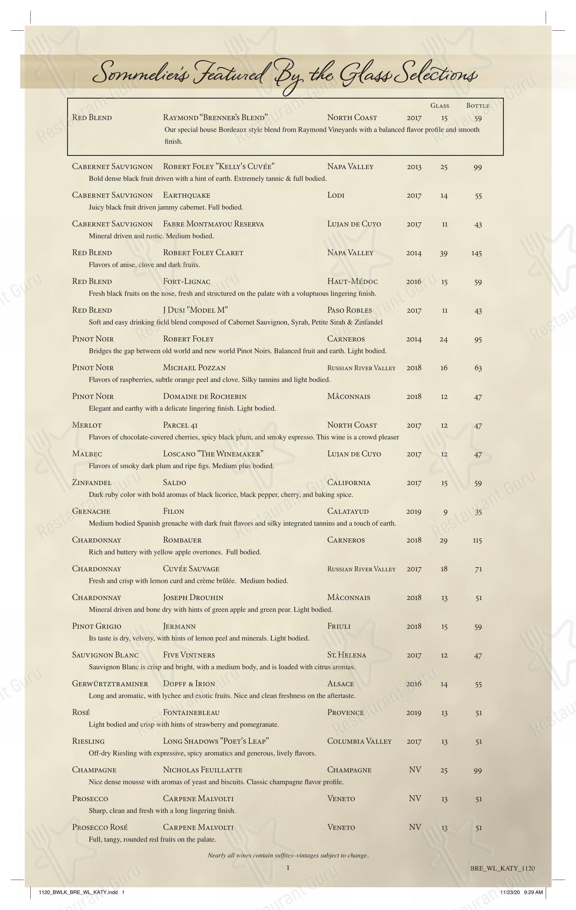 Menu at Brenner's Steakhouse, San Antonio