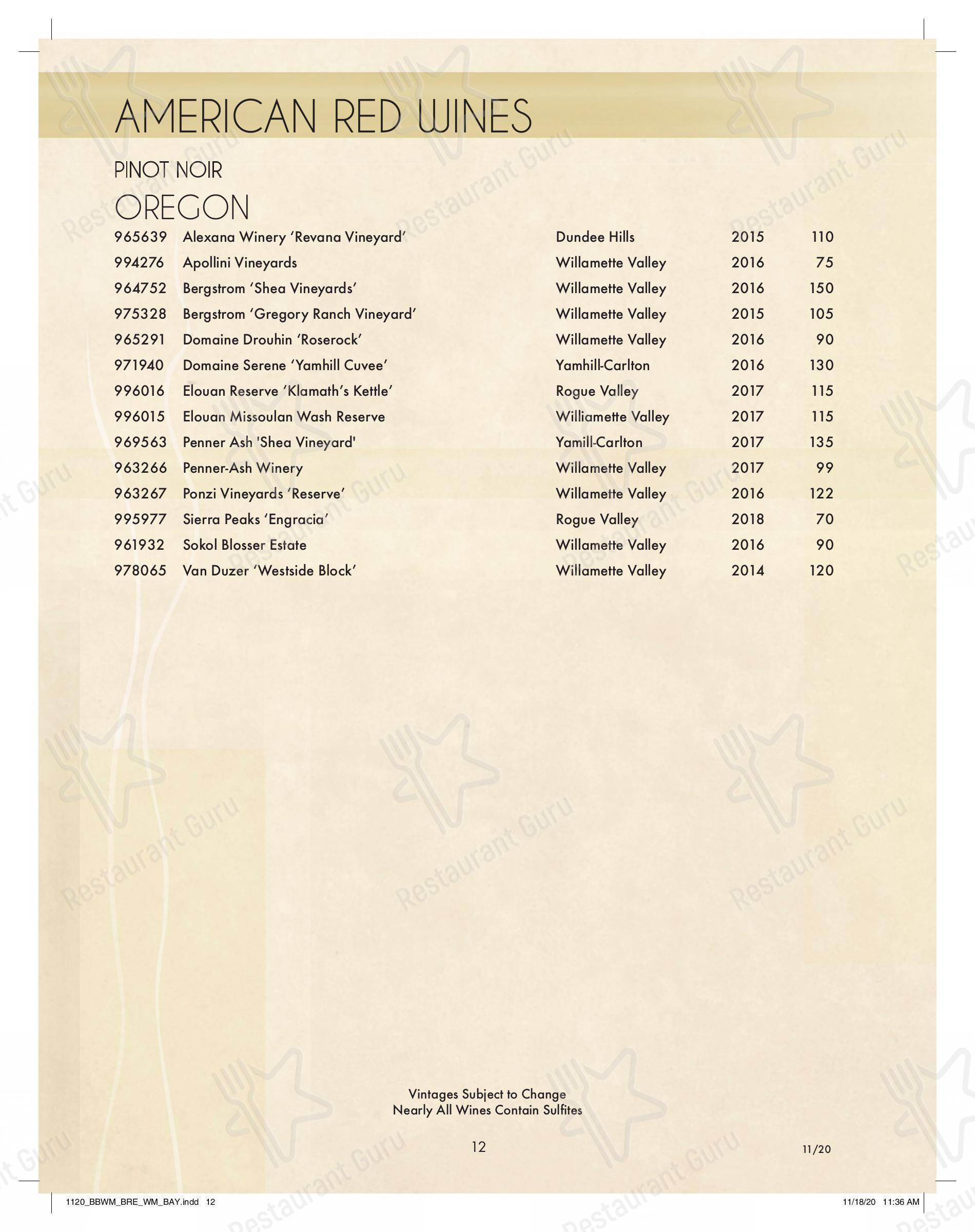 Menu at Brenner's Steakhouse, San Antonio