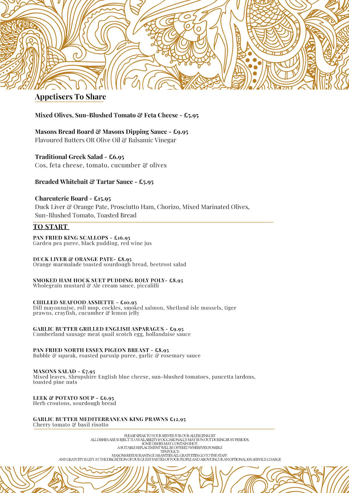Menu at Mason's Restaurant, Brentwood
