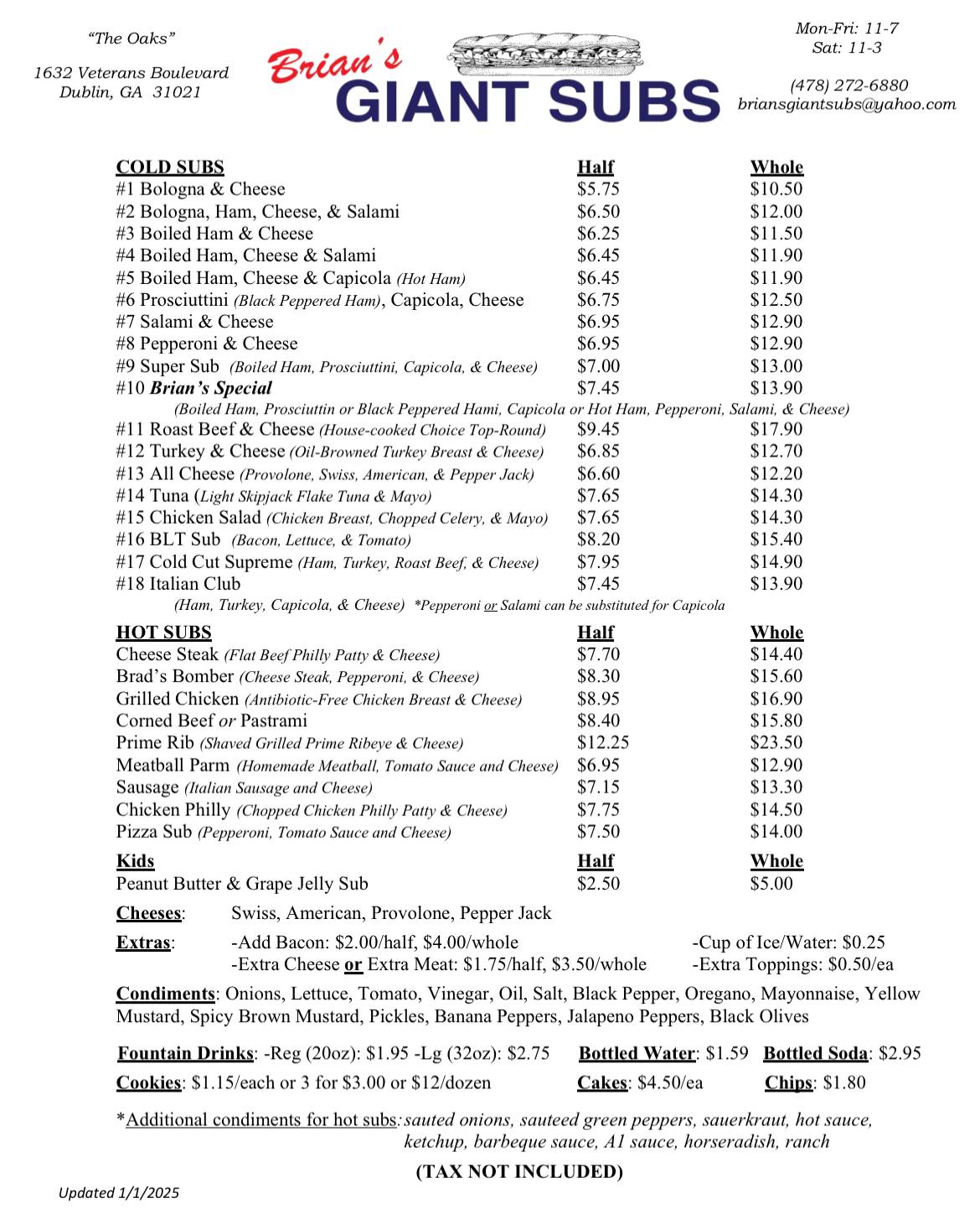 Menu at Brian's Giant Subs restaurant, Dublin
