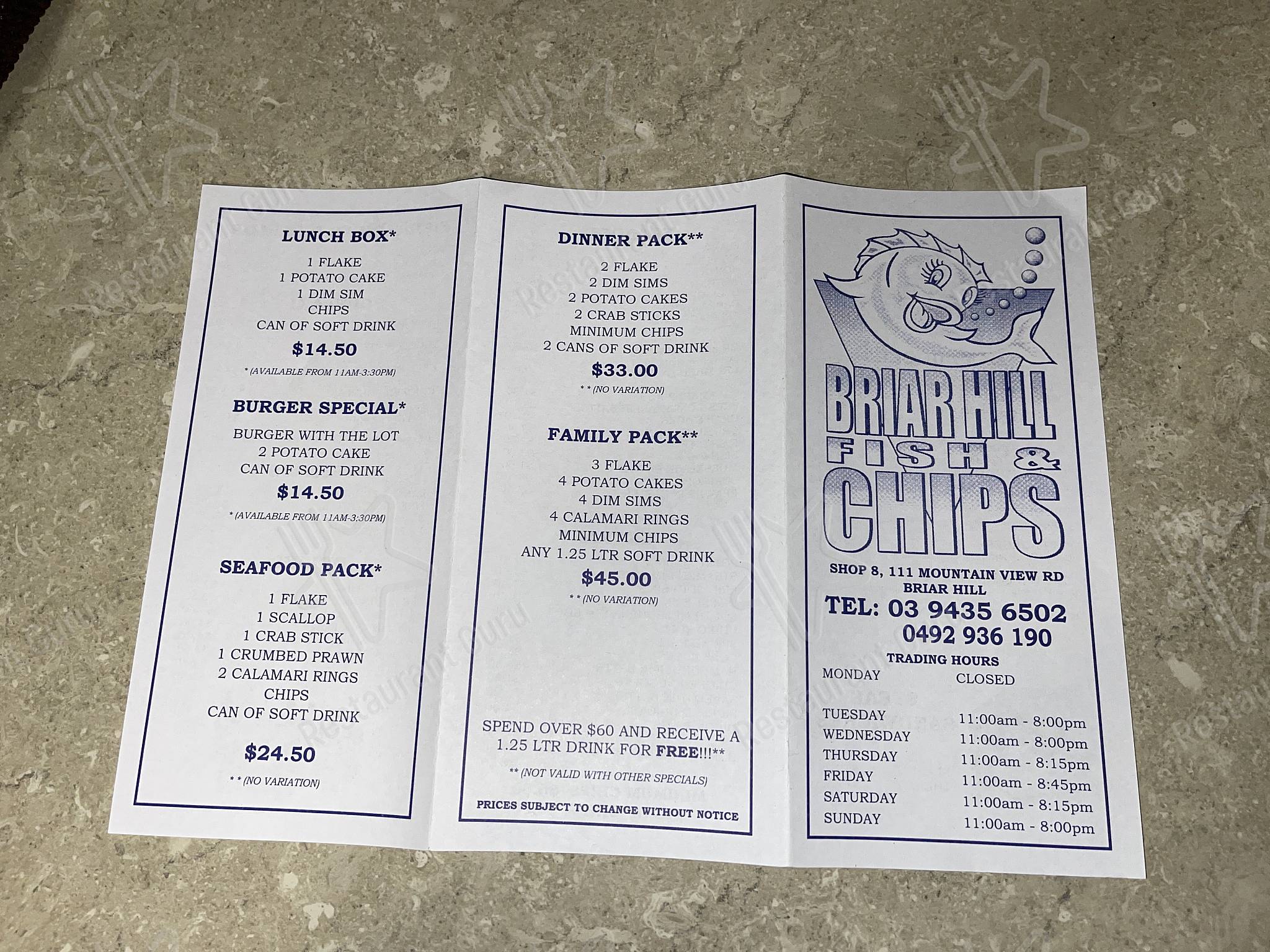 Menu at Briar Hill Fish & Chips fast food, Briar Hill
