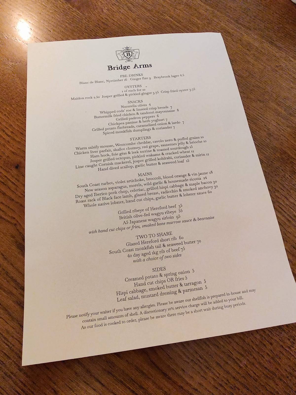 Carta del restaurante The Bridge Arms, Bridge