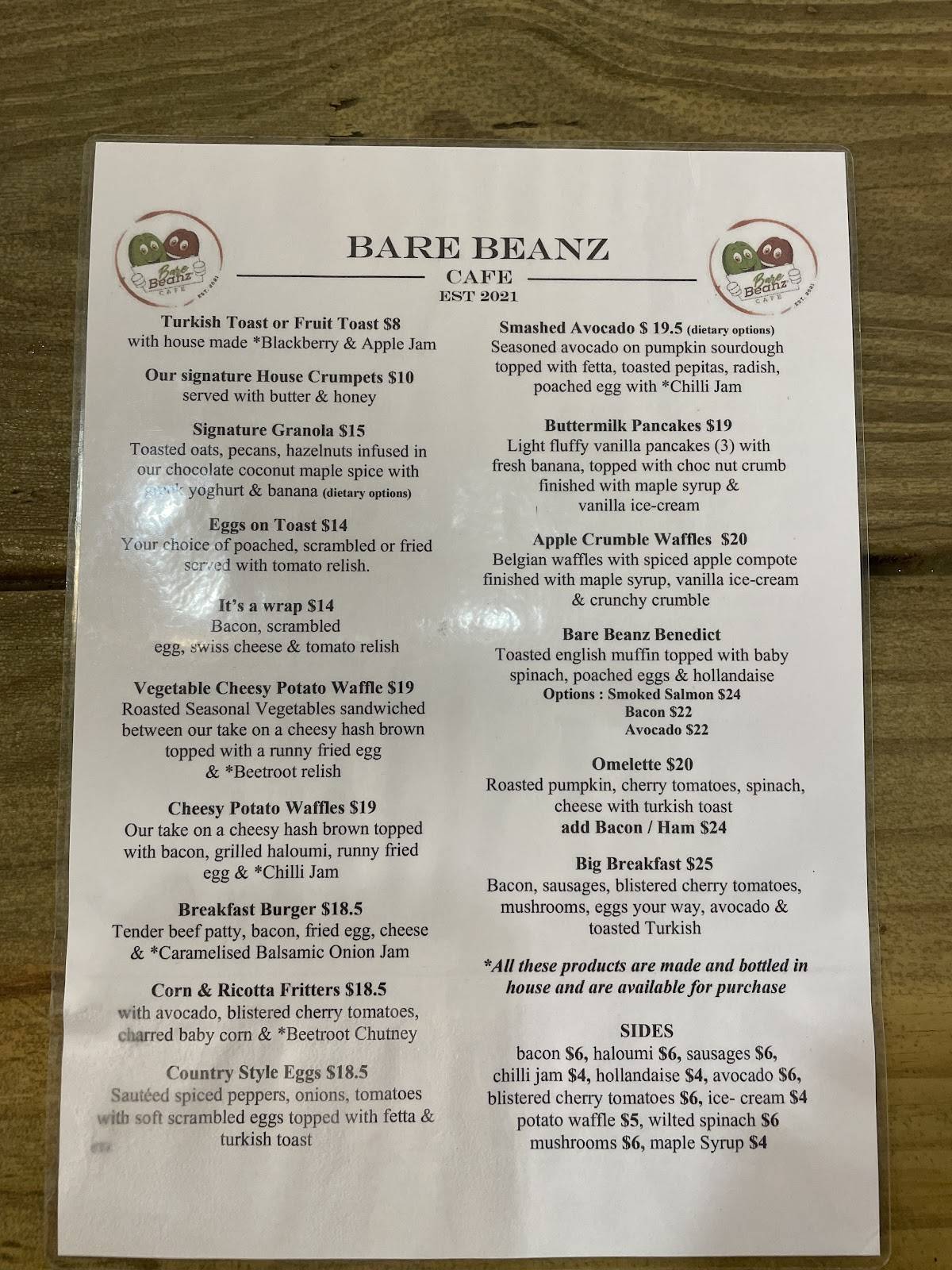 Menu at Bare Beanz Cafe, Fortitude Valley