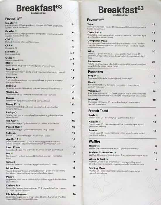 Menu at Cafe 63, South Brisbane, 218 Vulture St