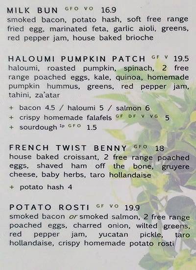 Menu at Fiddle Leaf cafe, Bulimba