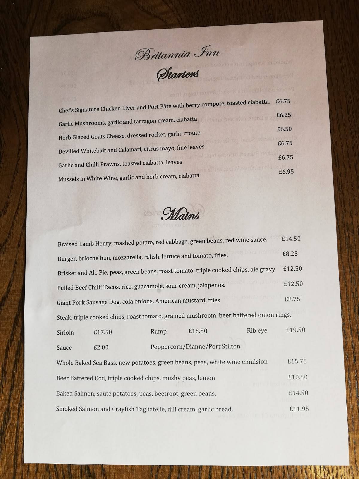 Menu at Britannia Inn Halkyn pub & bar, Halkyn