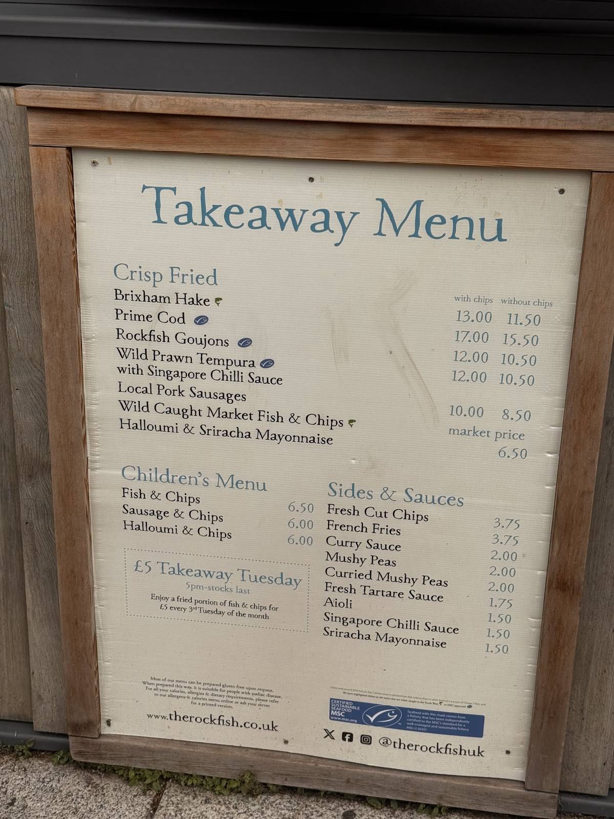 Menu at Rockfish restaurant, Brixham