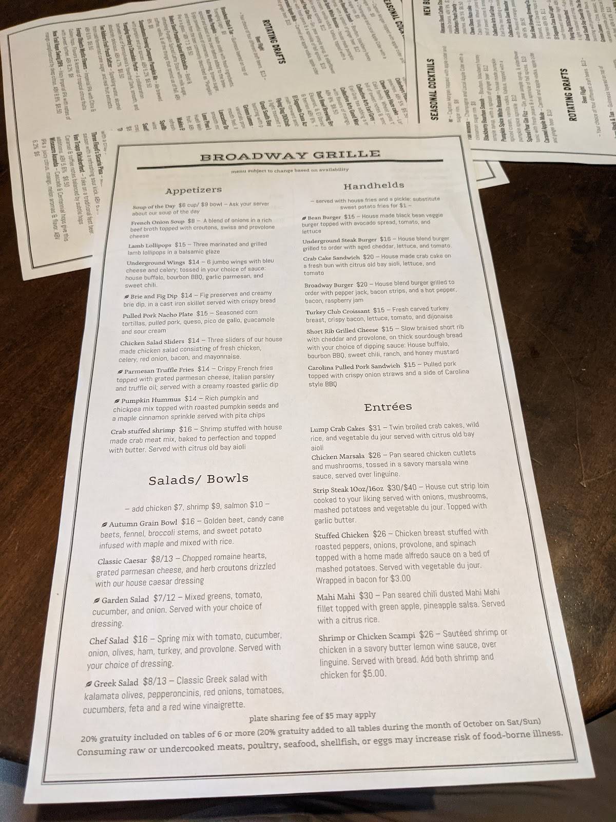 Menu at Broadway Grille + Underground pub & bar, Jim Thorpe