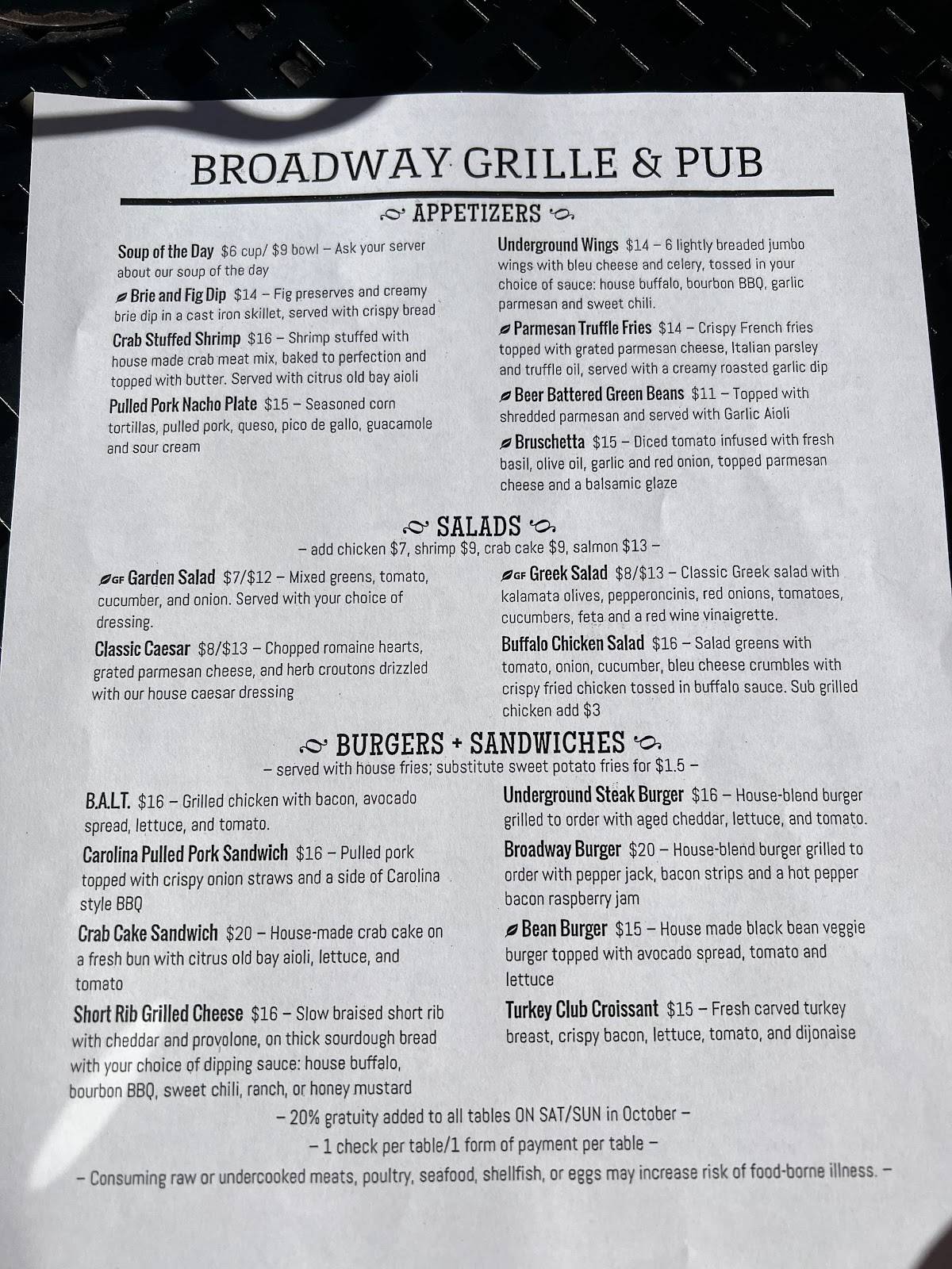 Carta del pub y bar Broadway Grille + Underground, Jim Thorpe