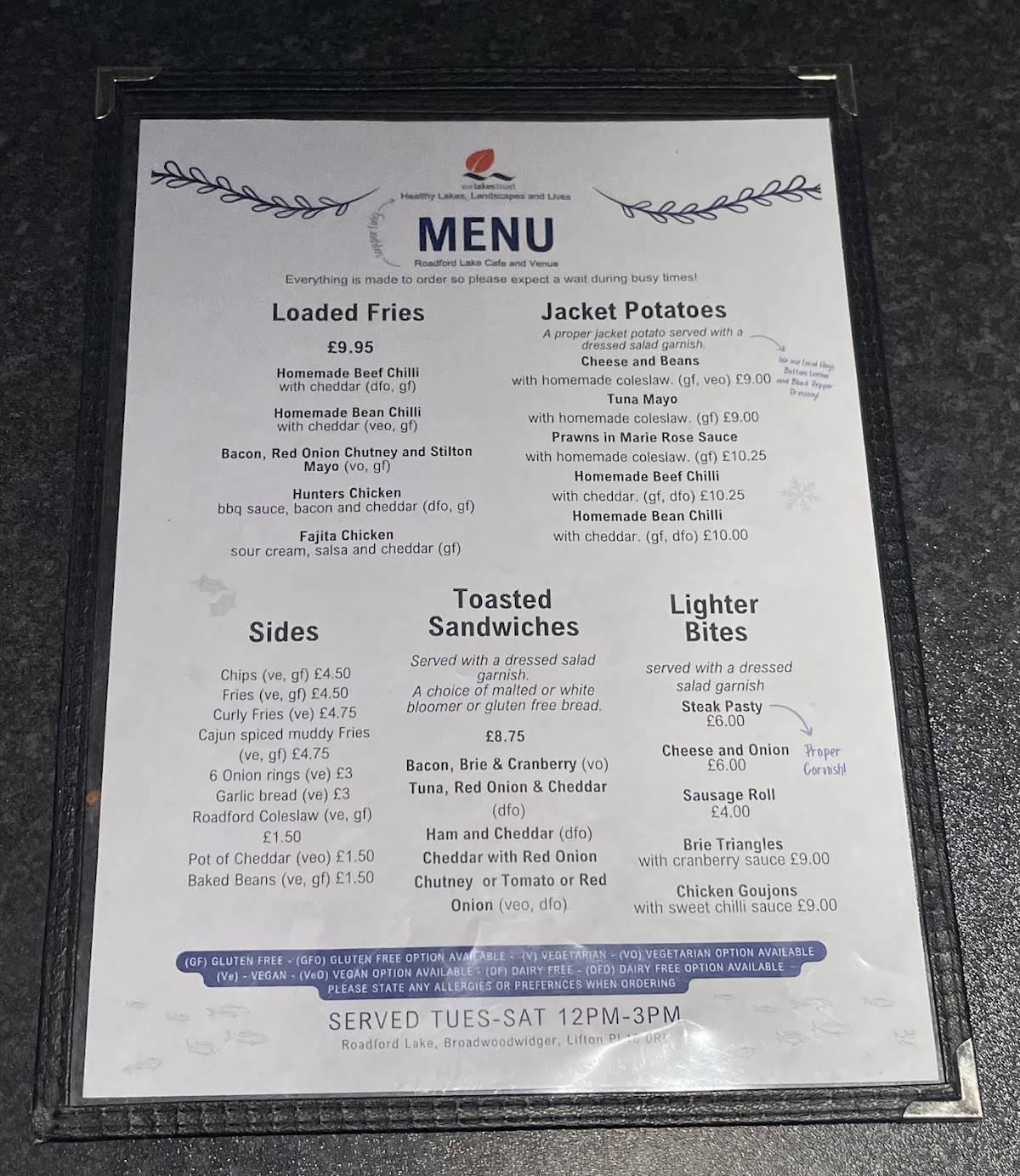 Menu at Roadford Lake Cafe and Venue, Broadwoodwidger