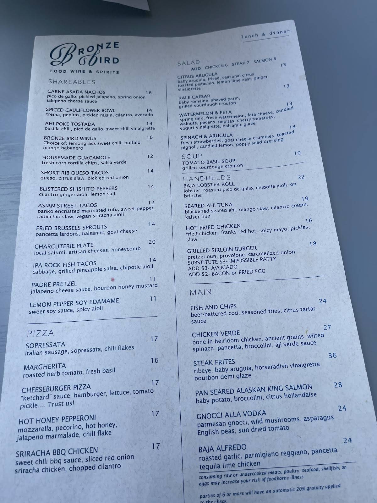 Menu at Bronze Bird restaurant, San Diego