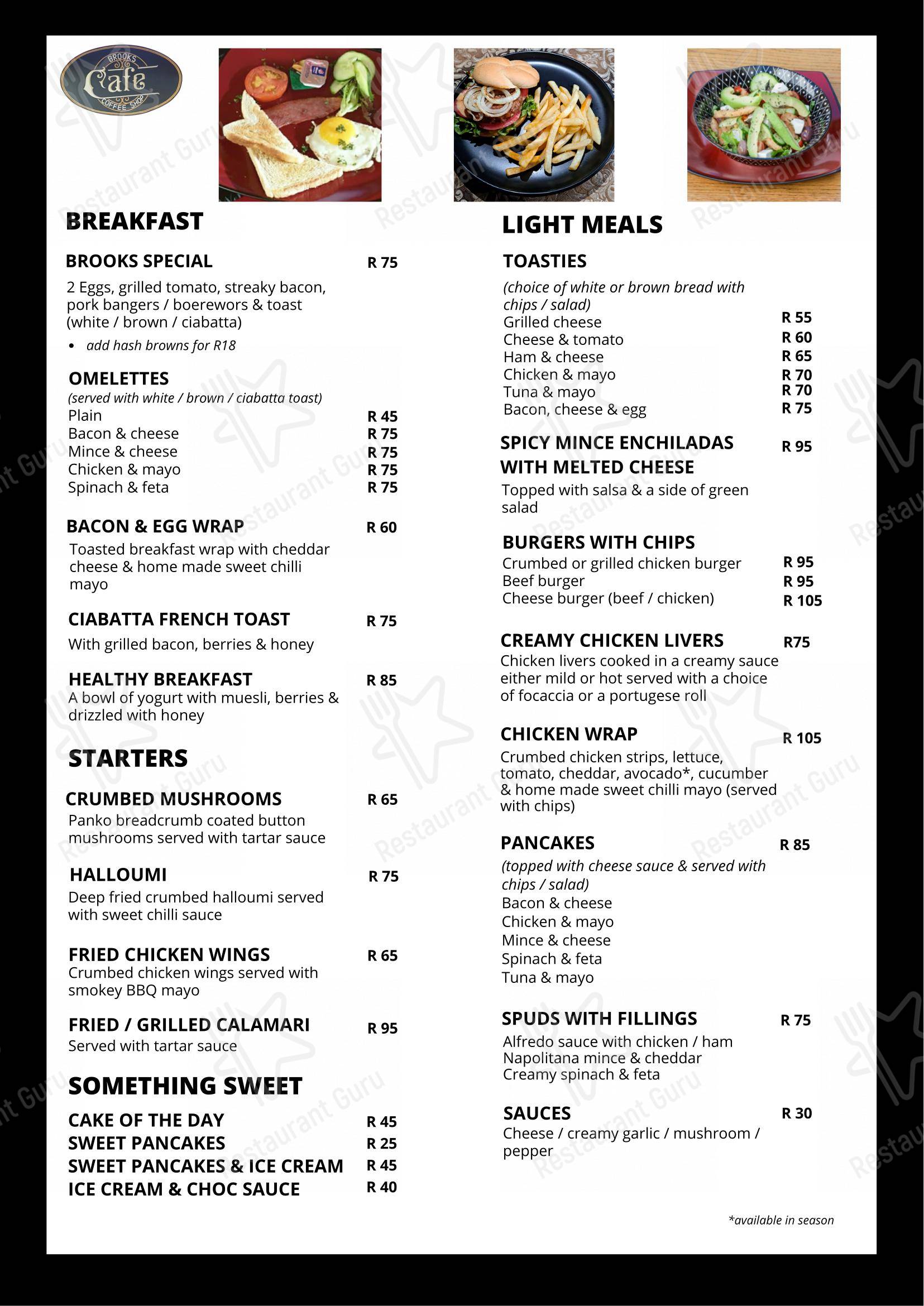 Menu au Brooks Café, Pretoria