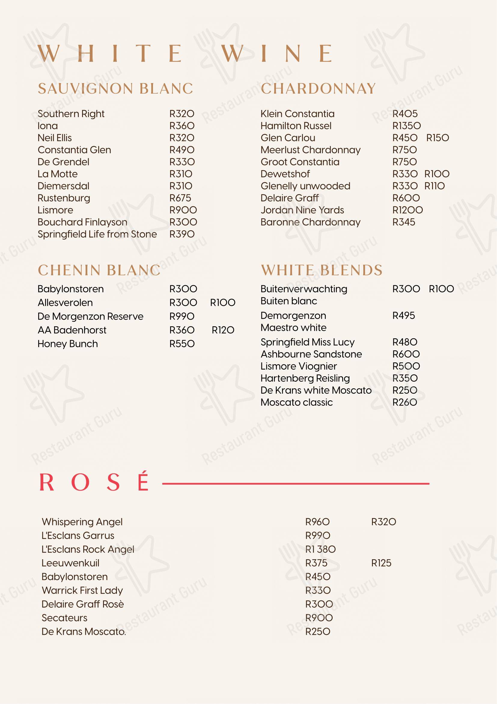 Menu at Brown Sugar Oceans restaurant, Umhlanga