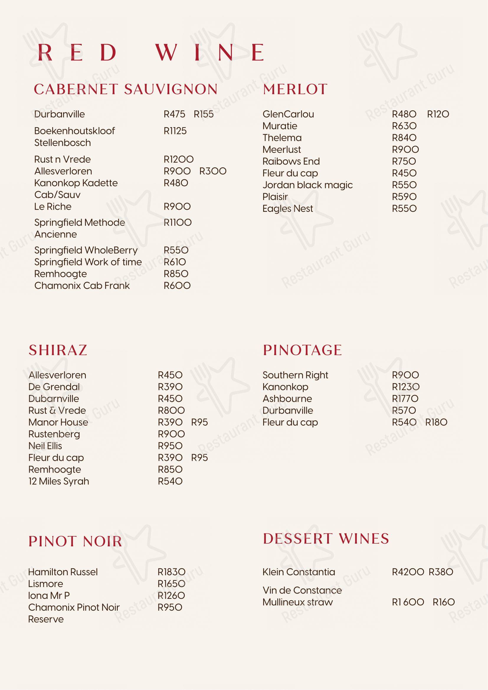 Menu at Brown Sugar Oceans restaurant, Umhlanga