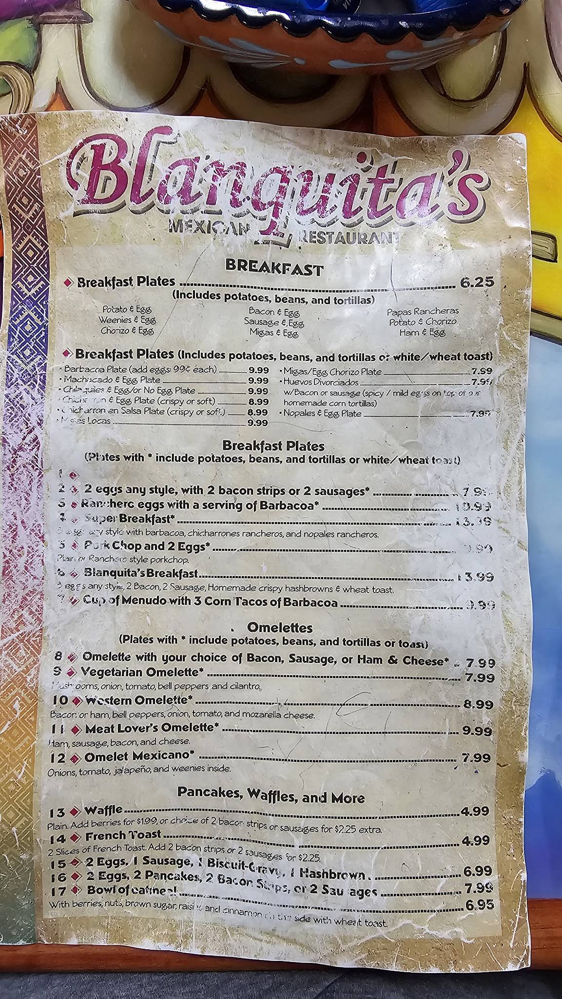 Menu at The Original Blanquita’s restaurant, Harlingen, E Harrison Ave