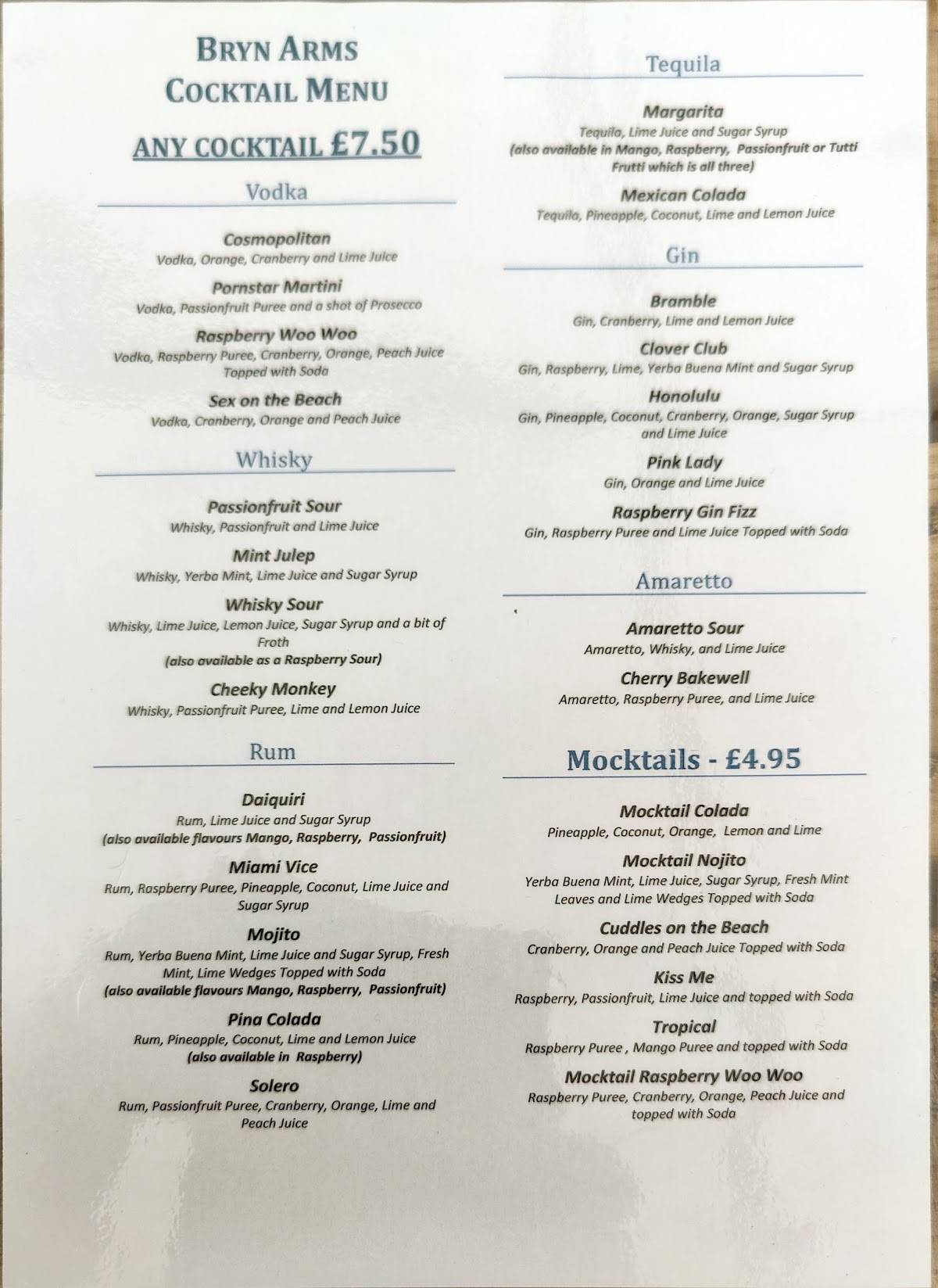 Menu at Bryn Arms restaurant, Gellilydan