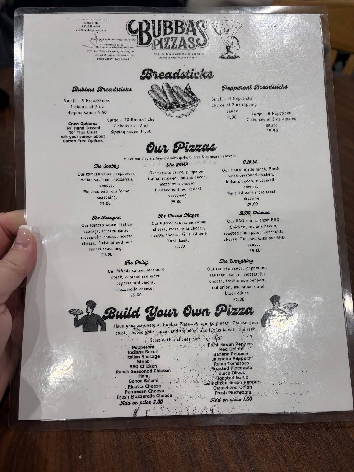 Menu at Bubbas Pizzas pizzeria, Bedford