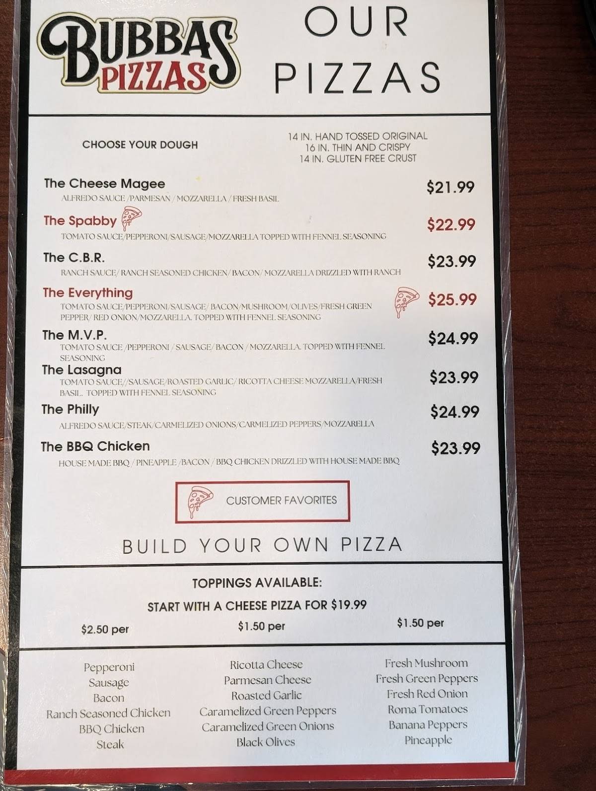 Menu at Bubbas Pizzas pizzeria, Bedford