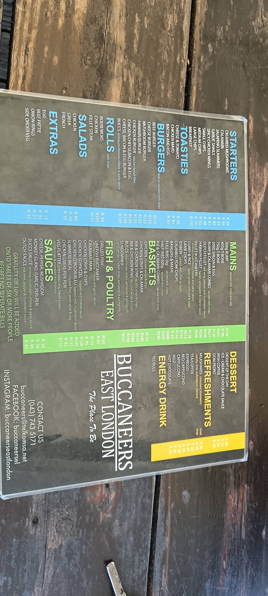 Menu at Buccaneers restaurant, East London